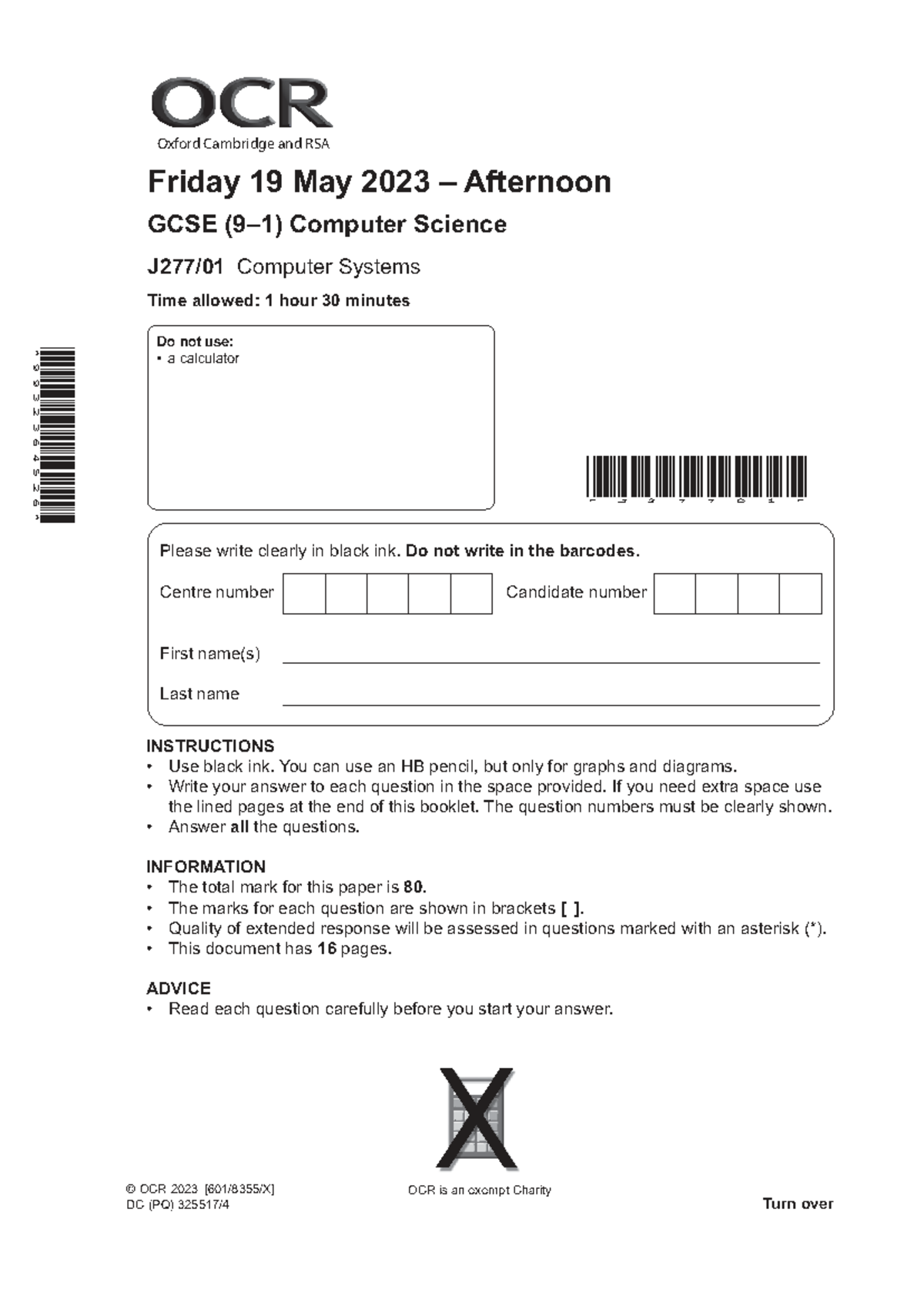GCSE Computer Science J277/01 Exam Paper - May 2023 - Studocu