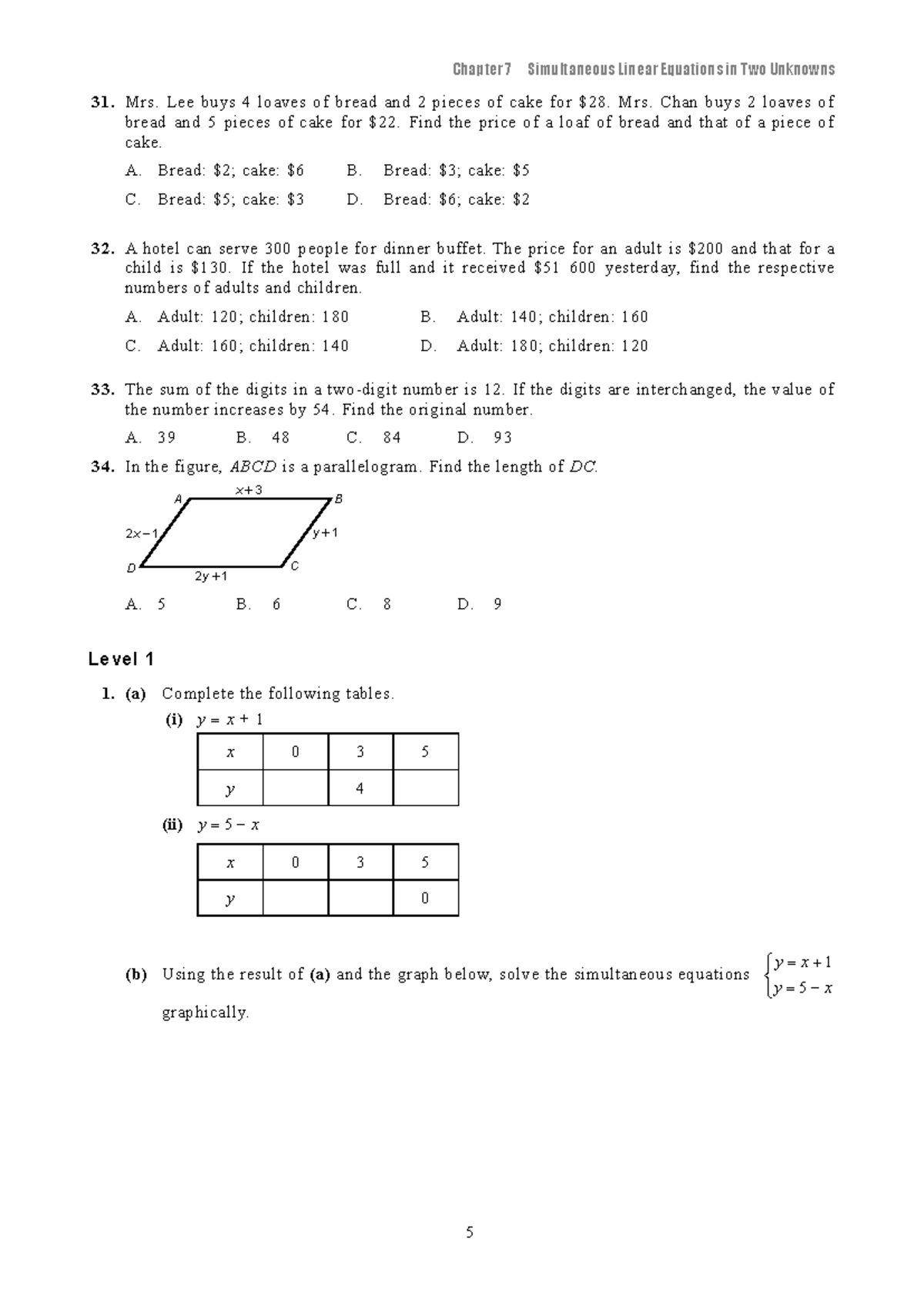 Chapter 7 Simultaneous Linear Equations in Two Unknowns - F.2 Maths ...