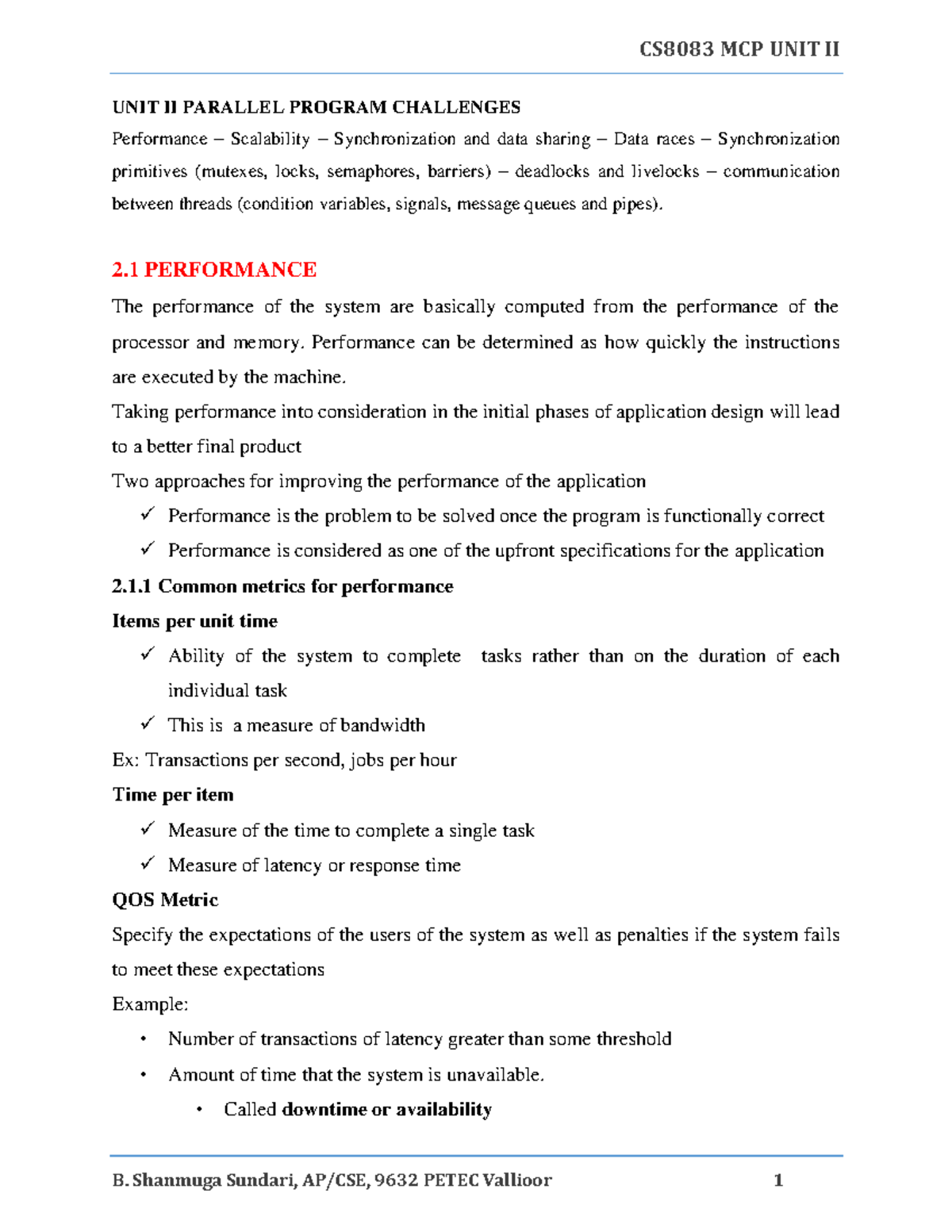 CS8083 UNIT II: Parallel Programming Challenges and Performance Metrics ...