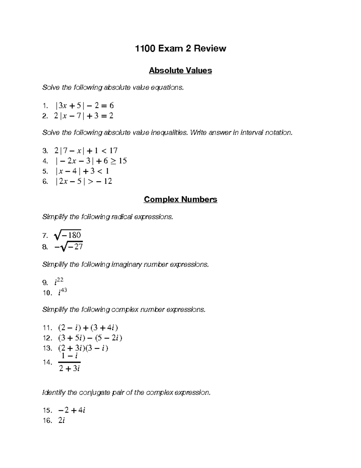 Math 1100 Fall 2025 Exam 2 Review: Absolute Values & Complex Numbers ...