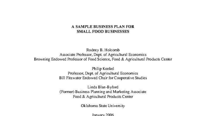 A Sample Business Plan for Small Food Businesses (AGRI 2006) - Studocu