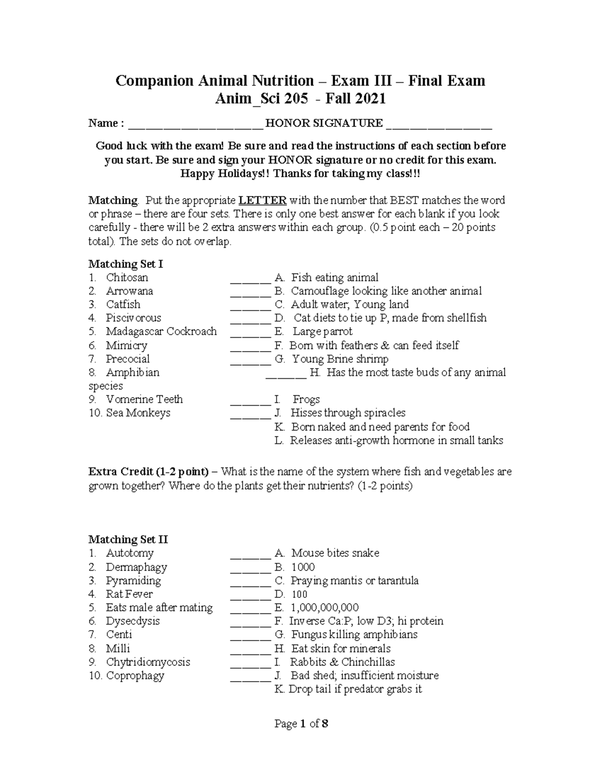 Companion Animal Nutrition Exam III - Final Exam (Anim_Sci 205, Fall ...
