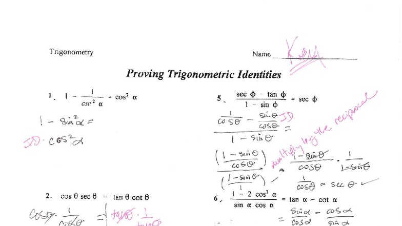 Trigonometry Identities Practice Key for Course Code: TRG101 - Studocu