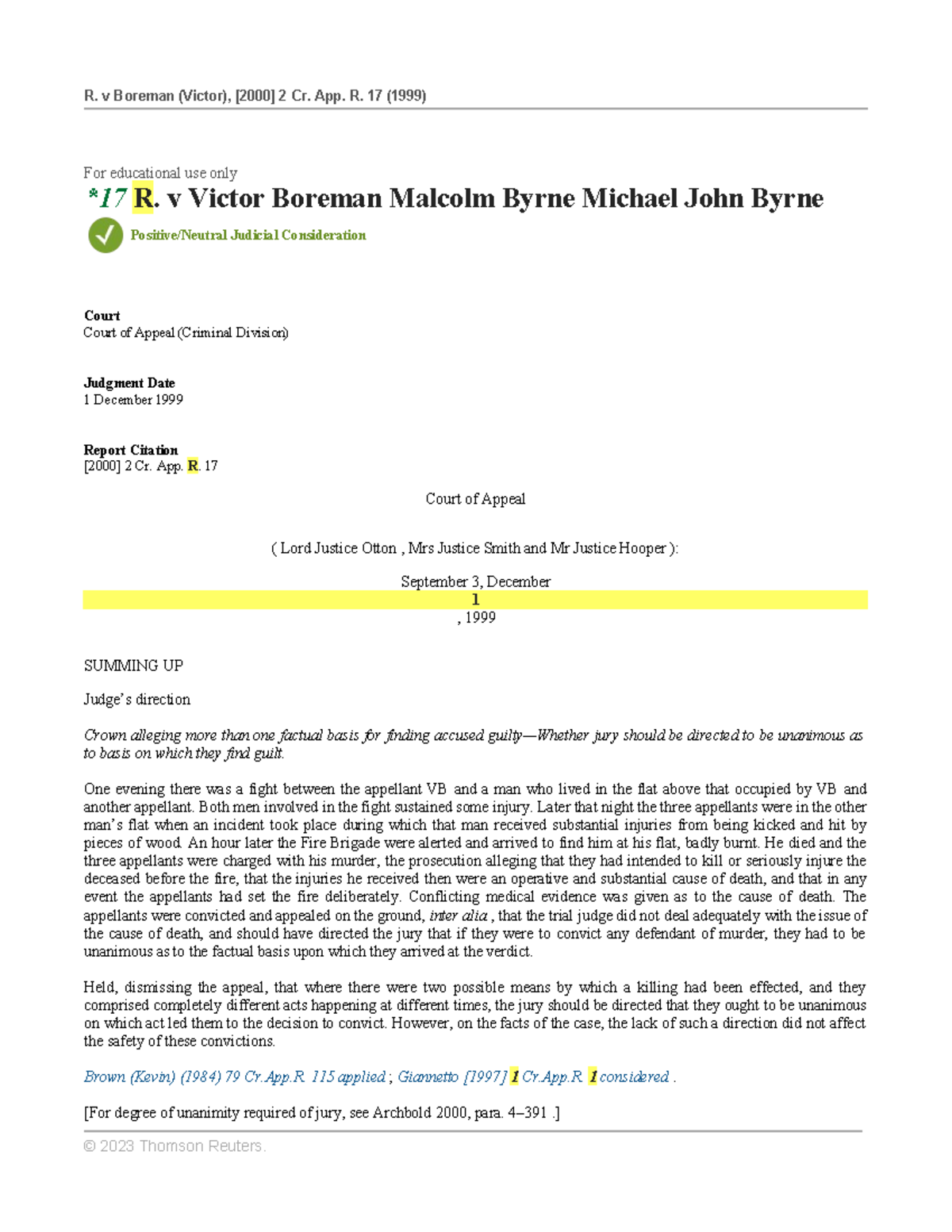 R v Boreman (Victor) - Appeal Decision on Murder Conviction - Studocu