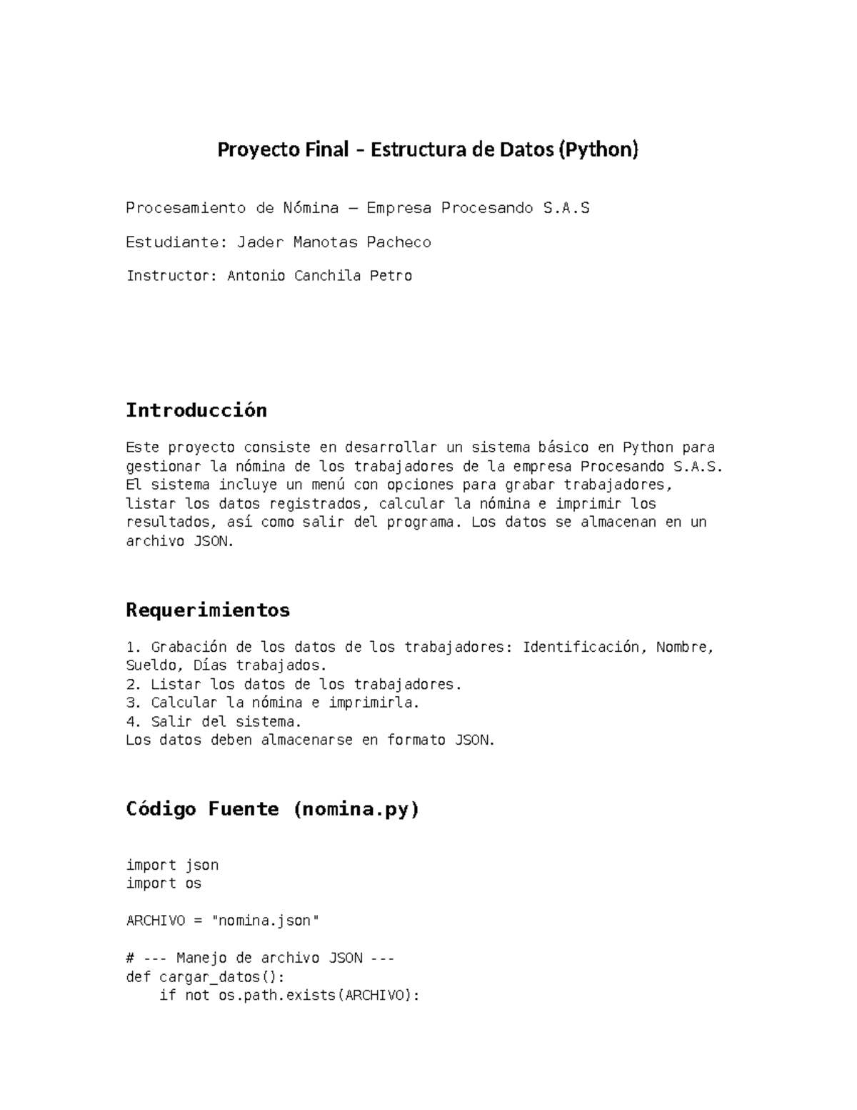 Proyecto Final Estructura de Datos (Python): Sistema de Nómina - Studocu