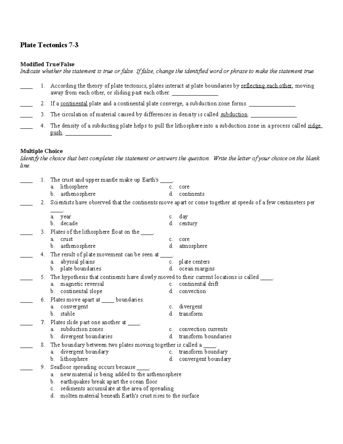 Test on Plate Tectonics 7-3: True/False & Multiple Choice Questions ...