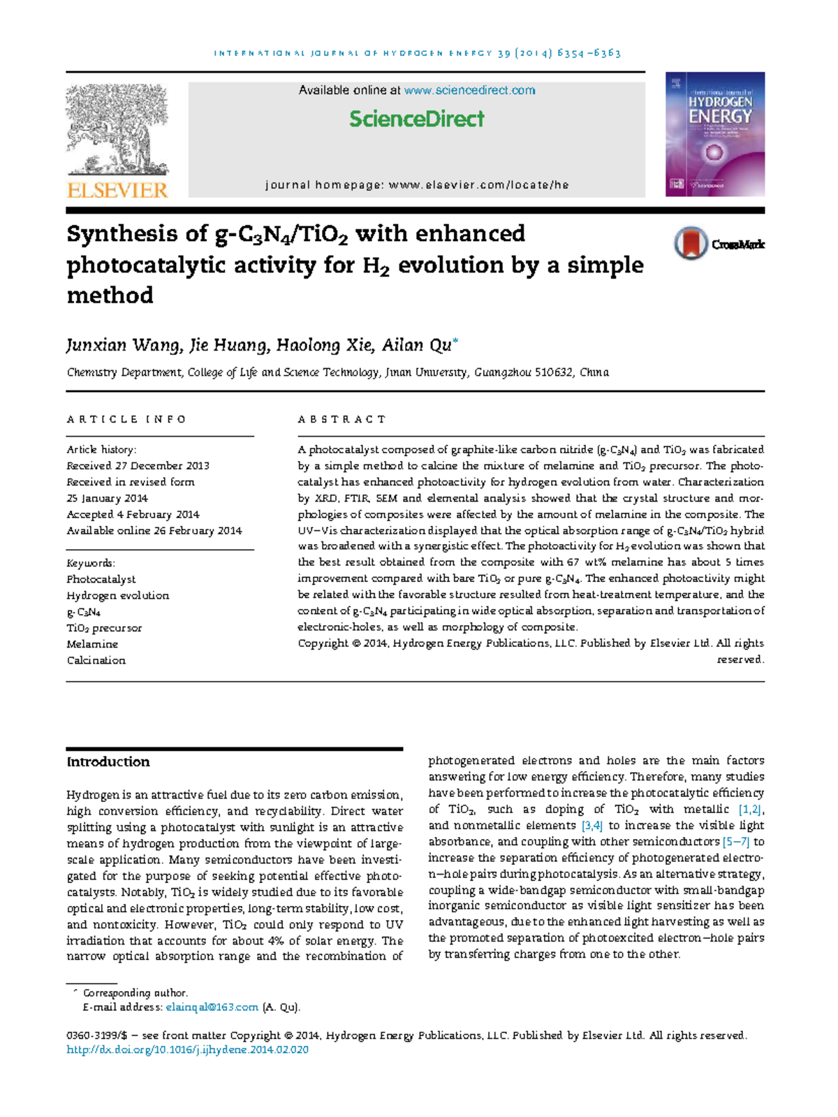 Synthesis of g-C3N4/TiO2 Photocatalysts for Enhanced H2 Production ...