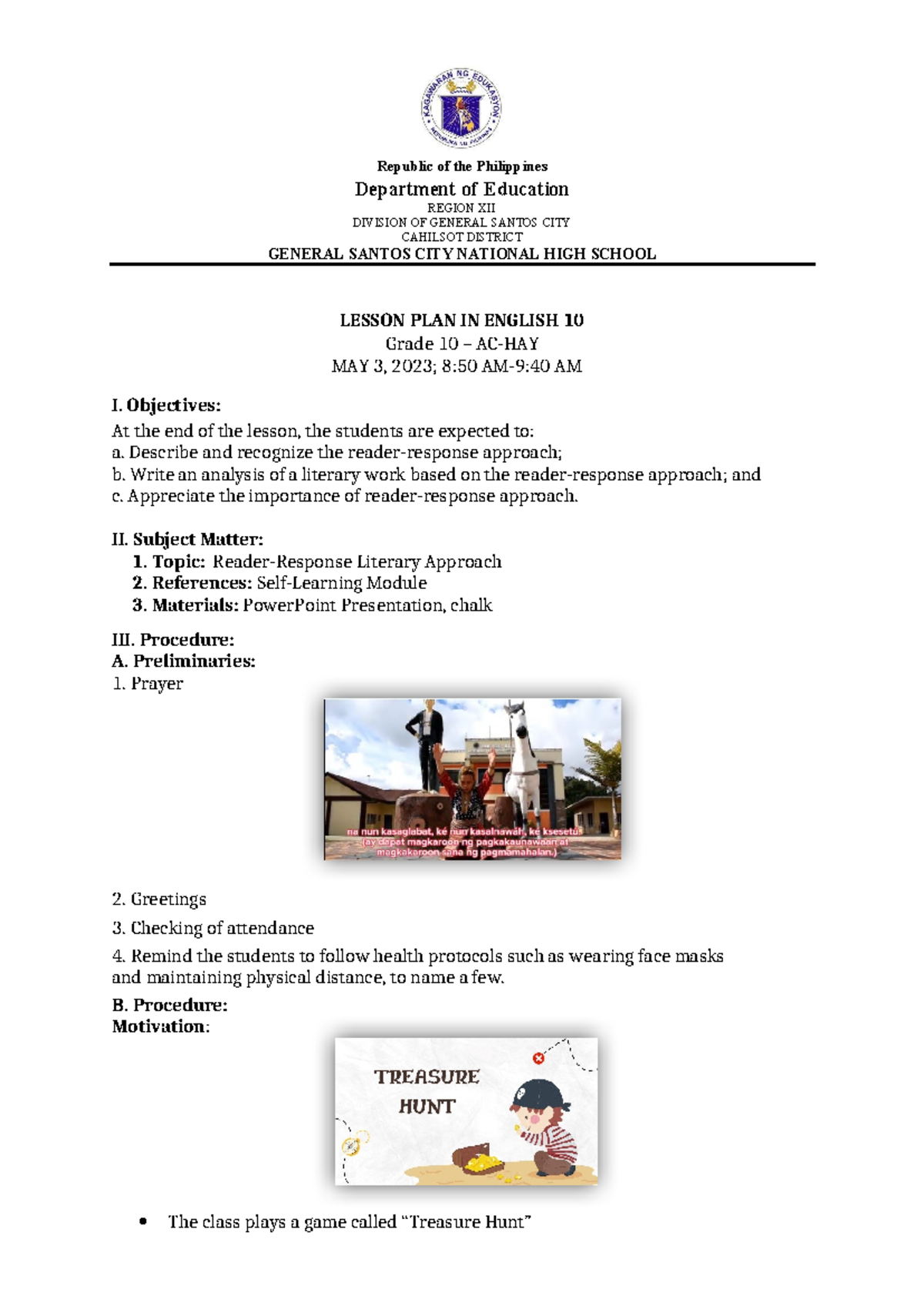 ENGLISH 10 Lesson Plan: Reader-Response Approach DLP - Studocu