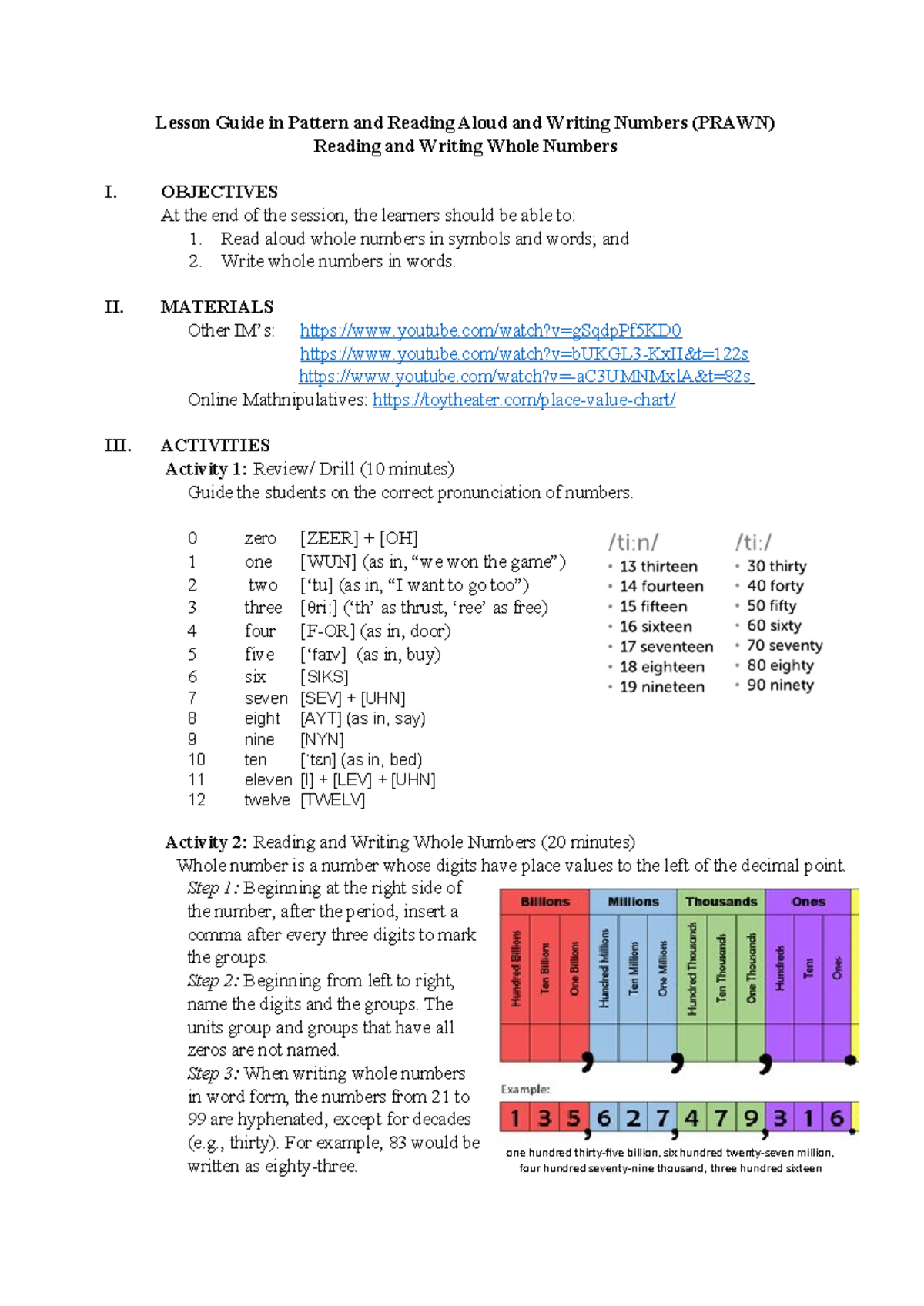 Pattern and Reading Aloud and Writing Numbers (PRAWN) Reading and ...