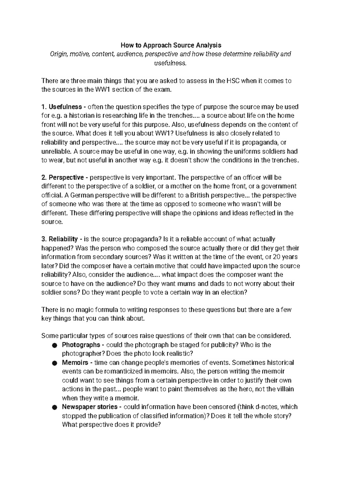 HSC Source Analysis: Assessing Usefulness, Perspective & Reliability ...