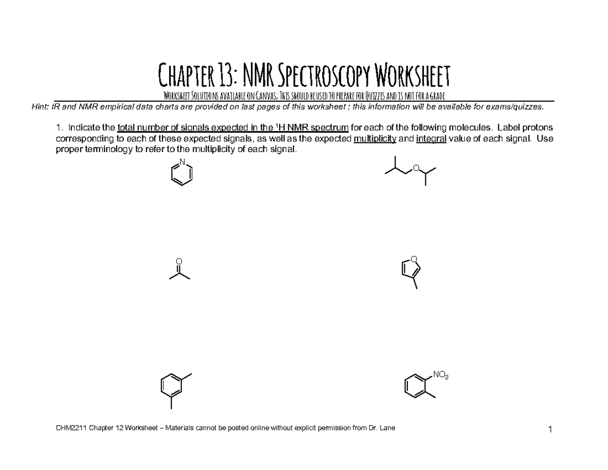Chapter 13 NMR Worksheet - Chapter 13: NMR Spectroscopy Worksheet ...