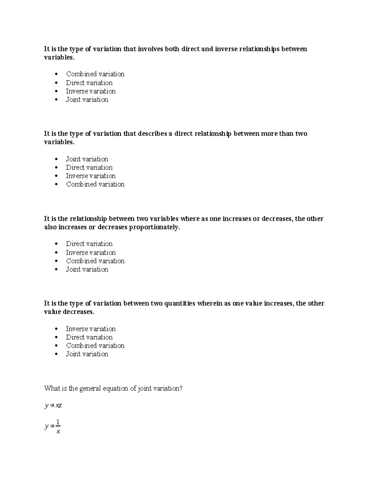 Variation (Direct, Inverse, Joint) - Concepts & Equations - Studocu