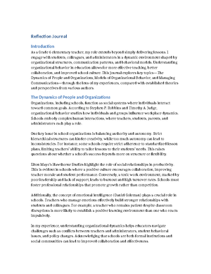 Reflection Journal Teacher Leader - Reflection Journal Introduction As ...