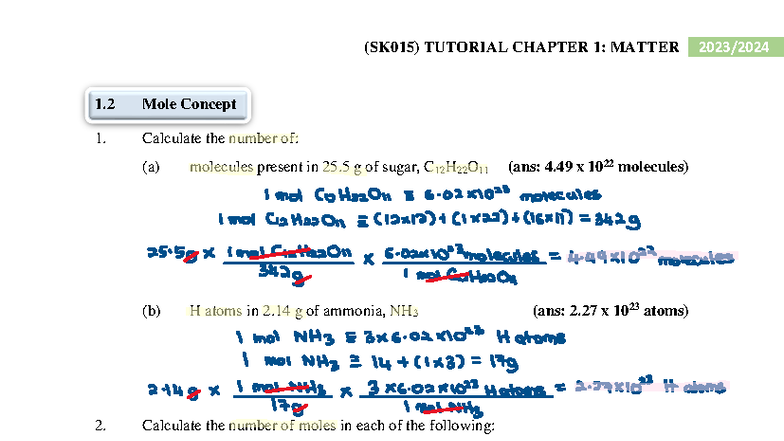 (SK015) TUTORIAL CHAPTER 1: MATTER - Mole Concept & Calculations - Studocu