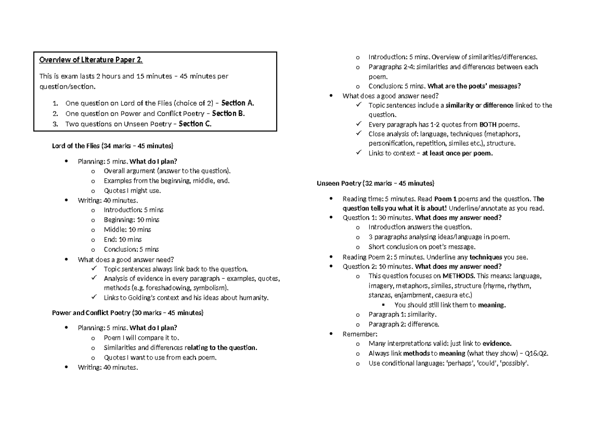 Lit Paper 2 Revision Guide: Lord of the Flies & Poetry Analysis - Studocu
