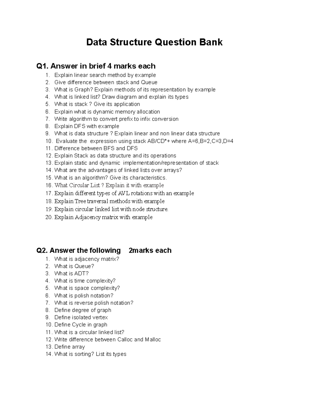 Data Structure Question Bank: Key Concepts & Methods - Studocu