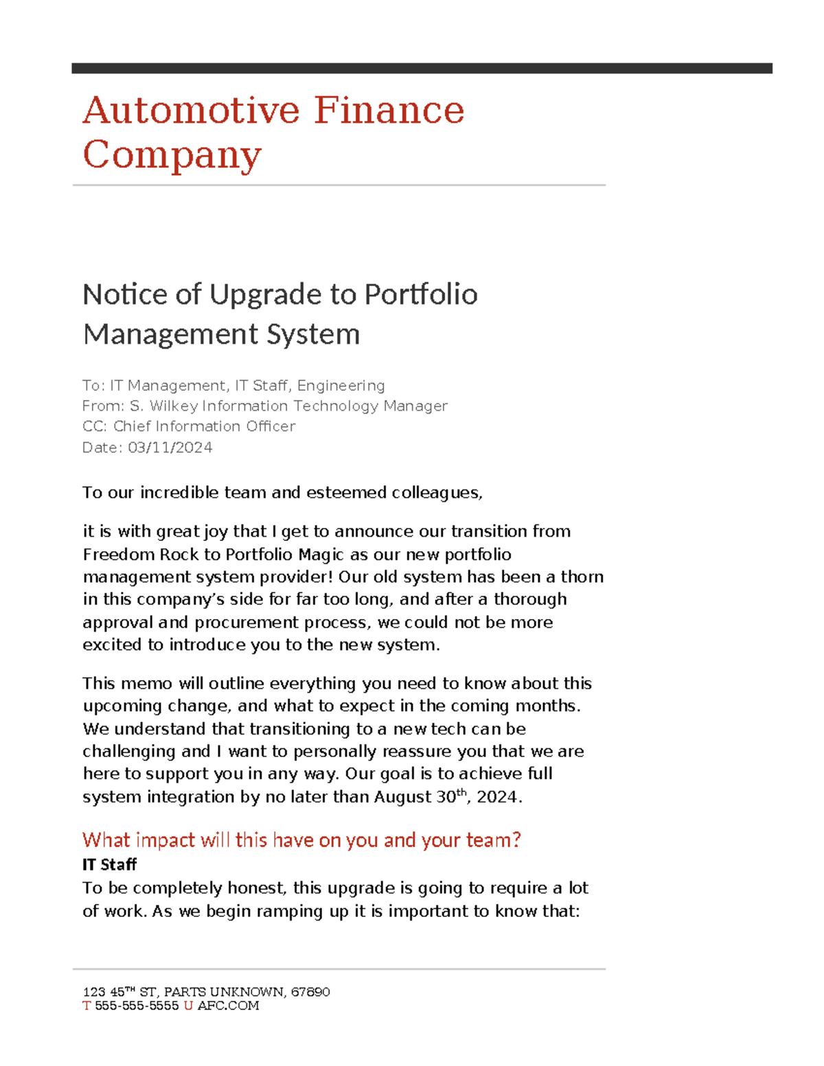C948 Task 2 Memo: Transition to Portfolio Management System - Studocu
