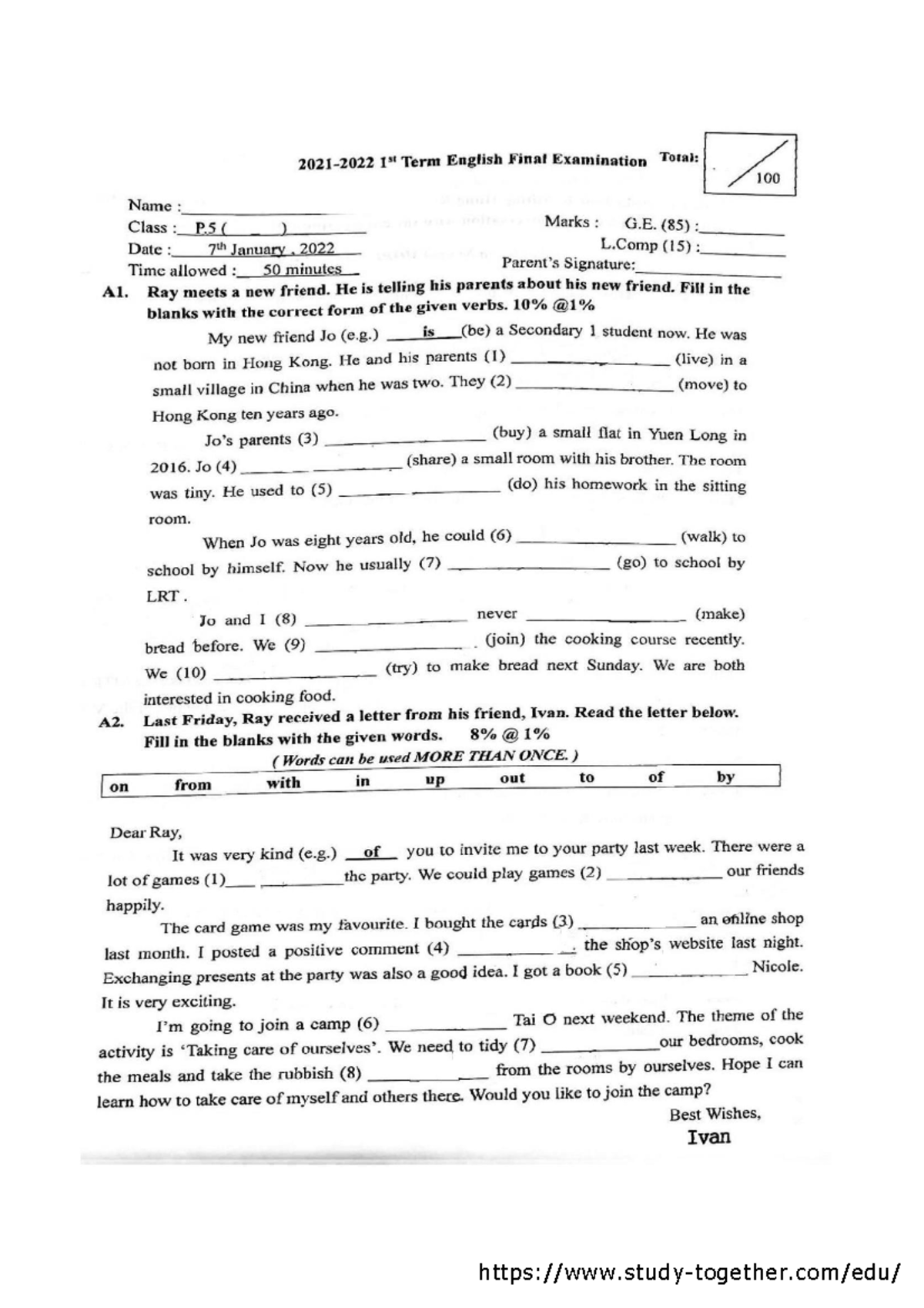 E5003-p5 English 2021-2022 1st Term Final Exam Questions and Answers ...