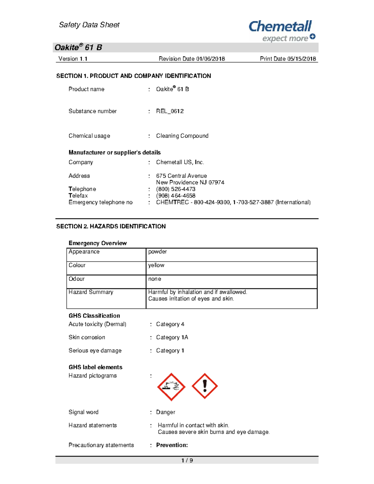 Chemical Safety Data Sheet: Chemetall Oakite 61 B SDS - Studocu