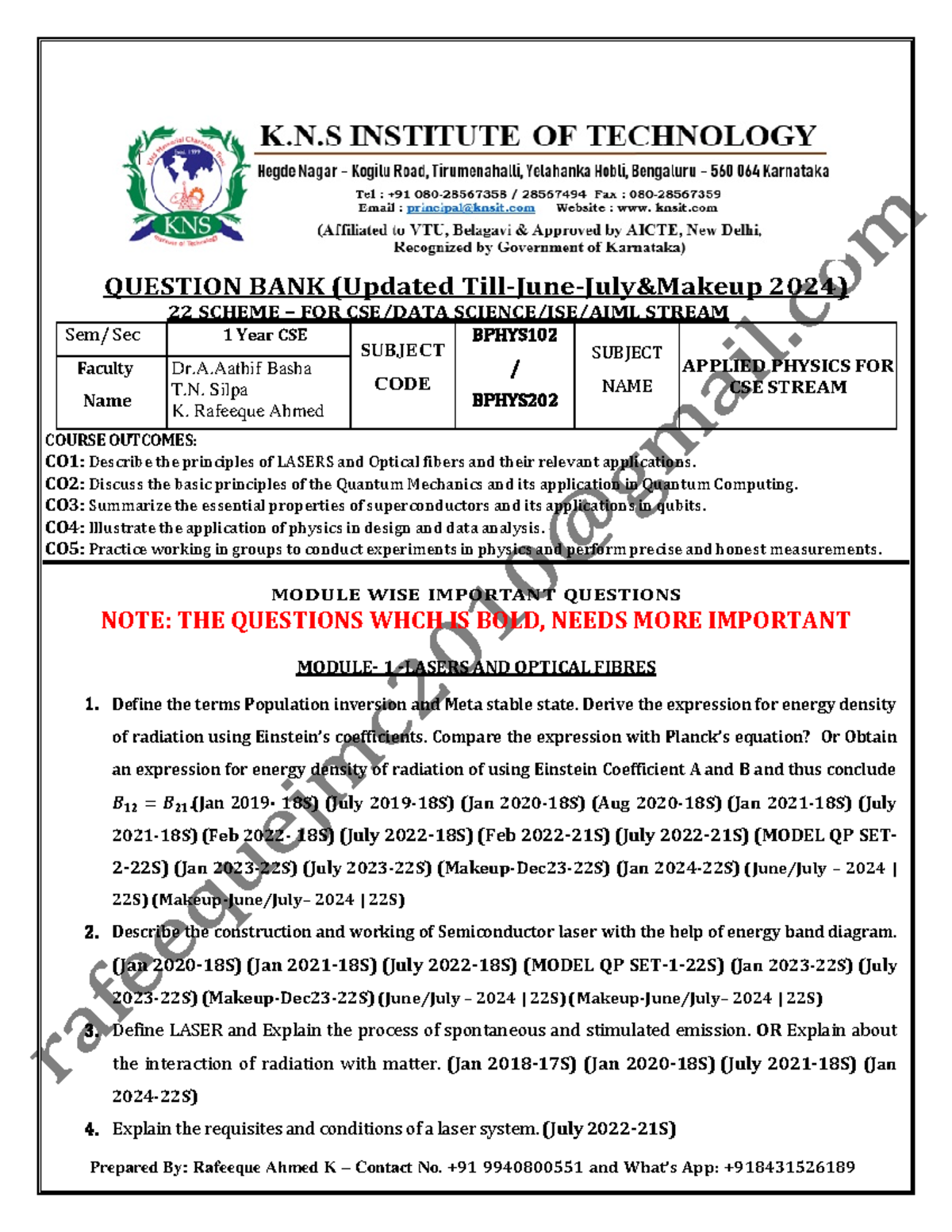 VTU-CSE - Updated Applied Physics Question Bank for June & Makeup 2024 - Studocu