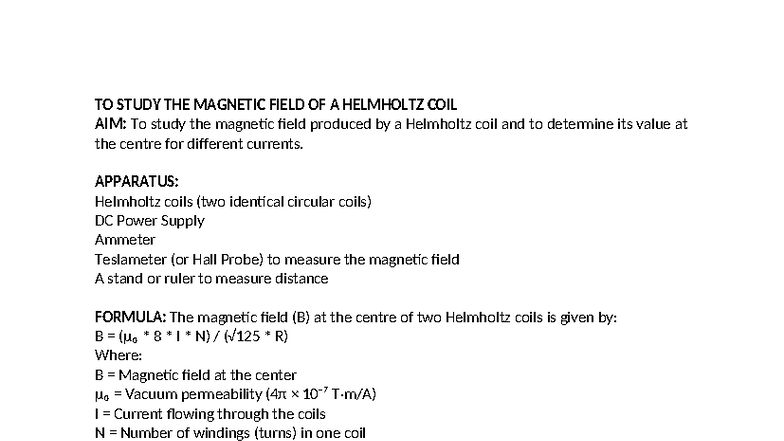 Magnetic Field Study of Helmholtz Coil - Physics Lab Experiment - Studocu