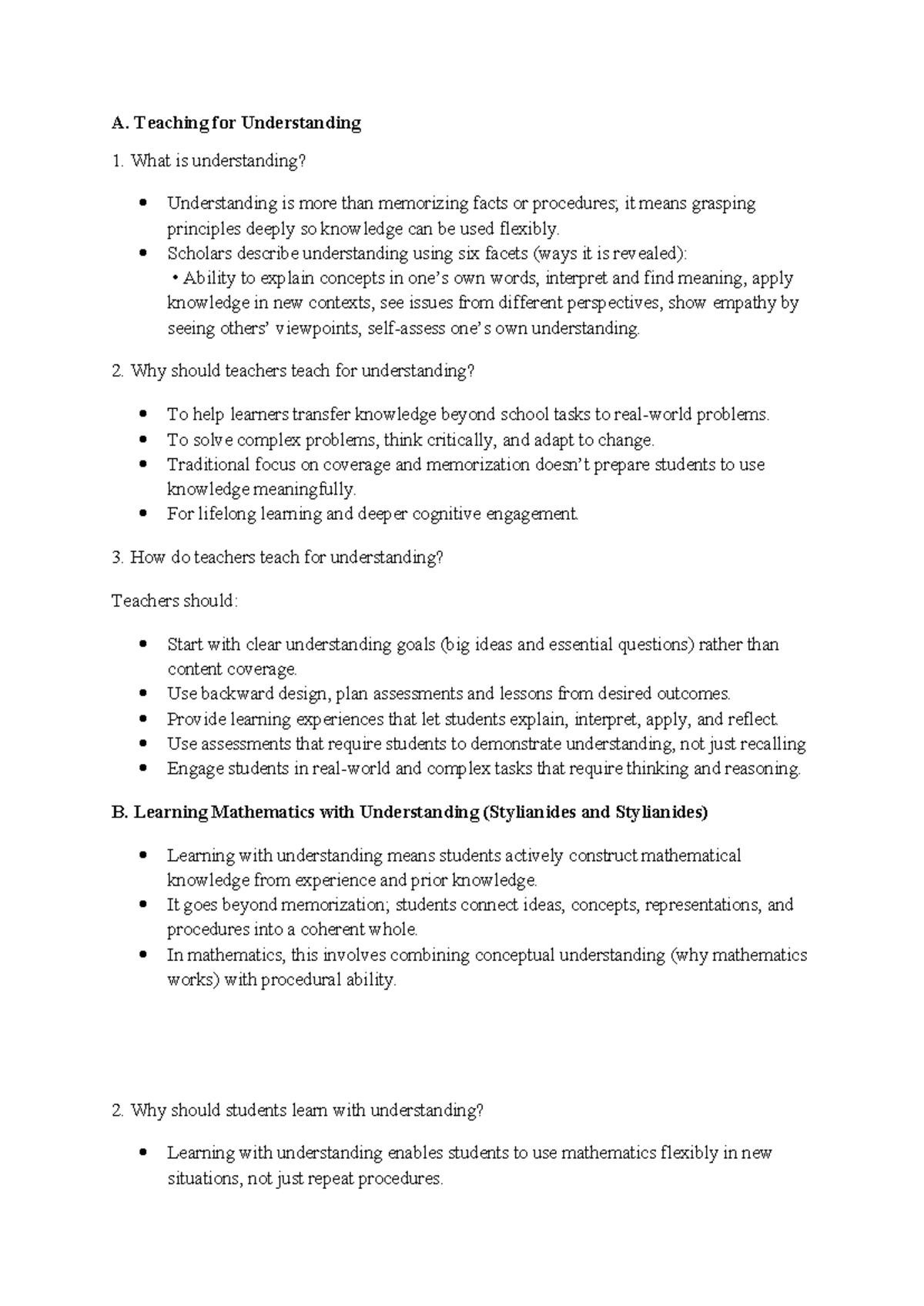 A. Teaching for Understanding: Strategies for Effective Learning - Studocu