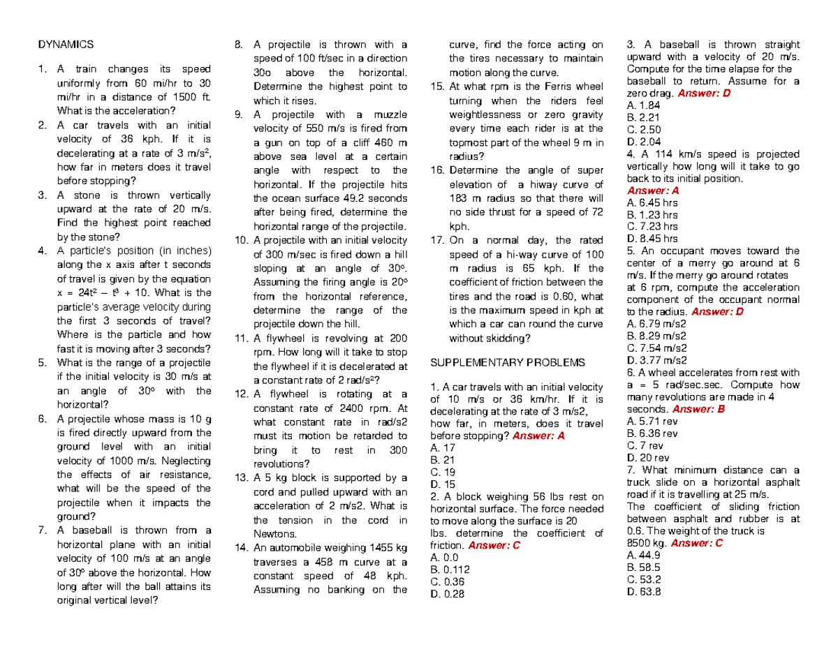 Dynamics 1: Comprehensive Problem Set and Solutions - Studocu