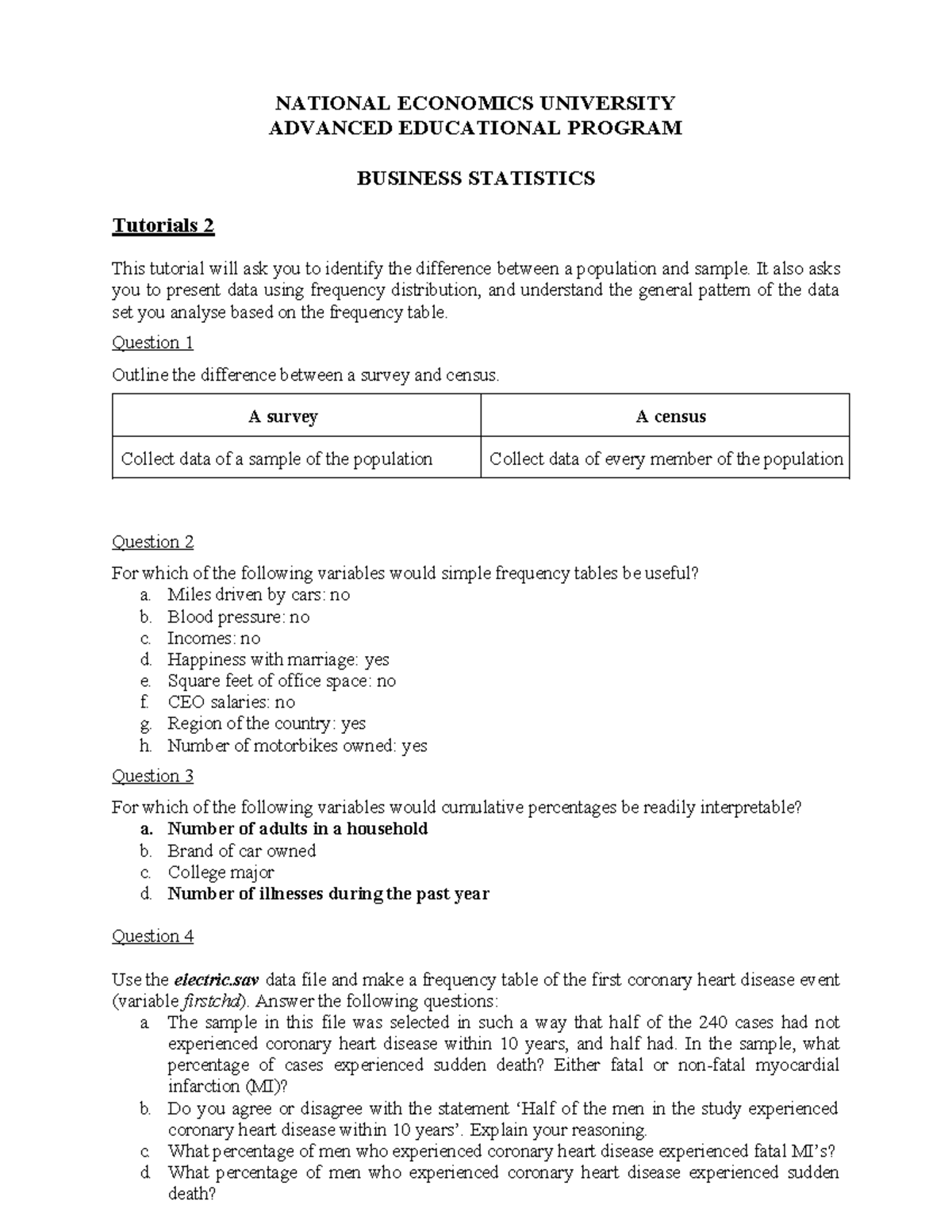 BUSINESS STATISTICS (BSTAT 202) Tutorial 2: Population vs Sample ...