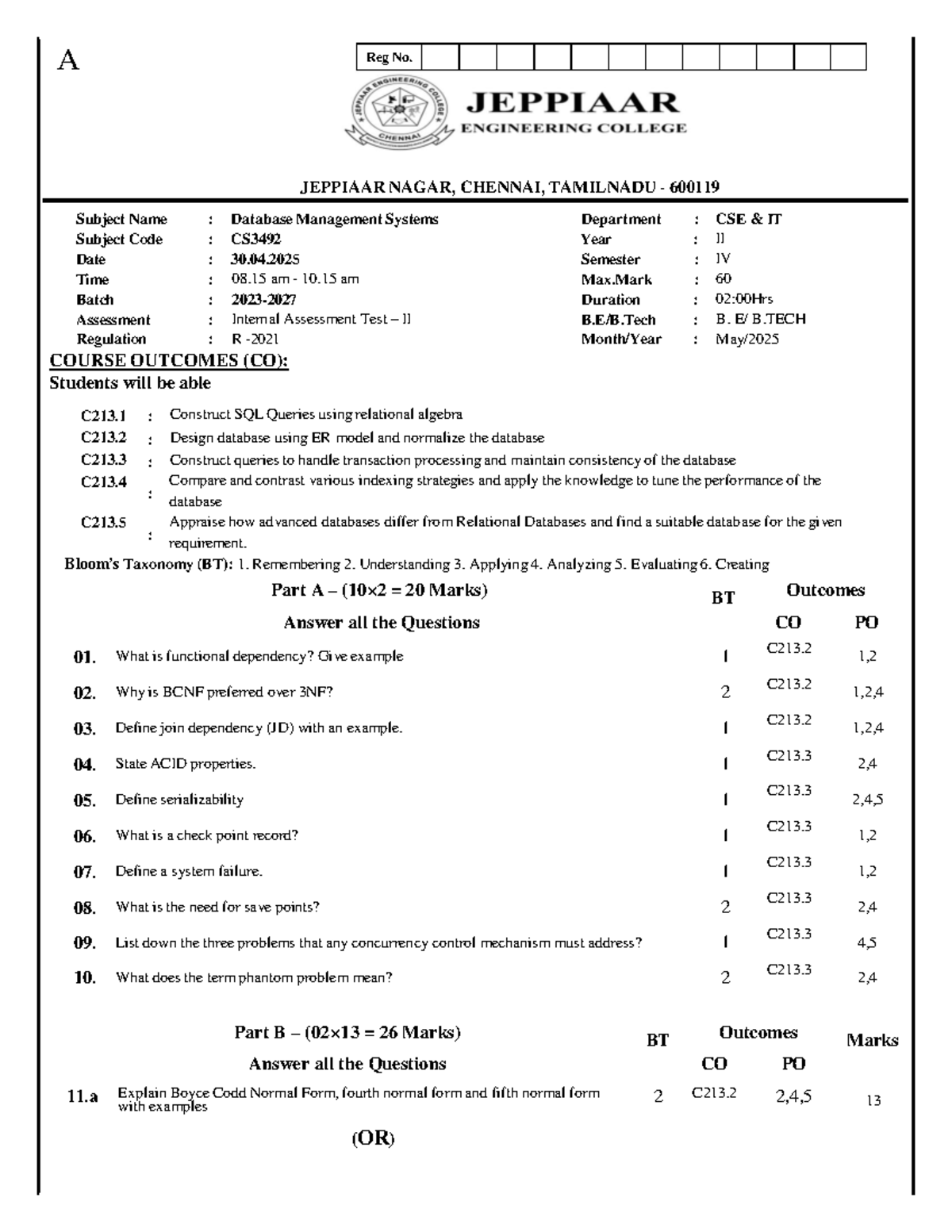 CS3492 Database Management Systems Internal Assessment Test II - Studocu