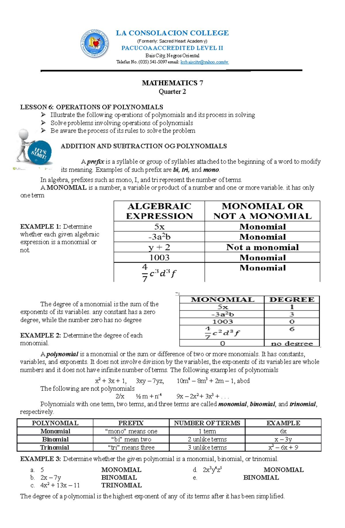 Math 7 - Lesson 6: Operations & Examples of Polynomials - Studocu