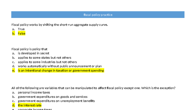 FP Practice: Fiscal Policy Concepts and Aggregate Supply Analysis - Studocu