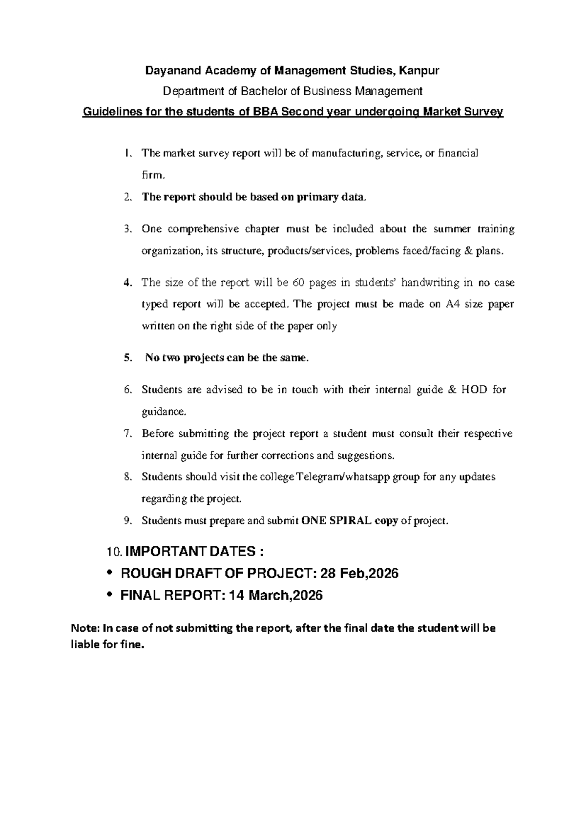 Project Guidelines for BBA 4th Sem: Market Survey Report - Studocu