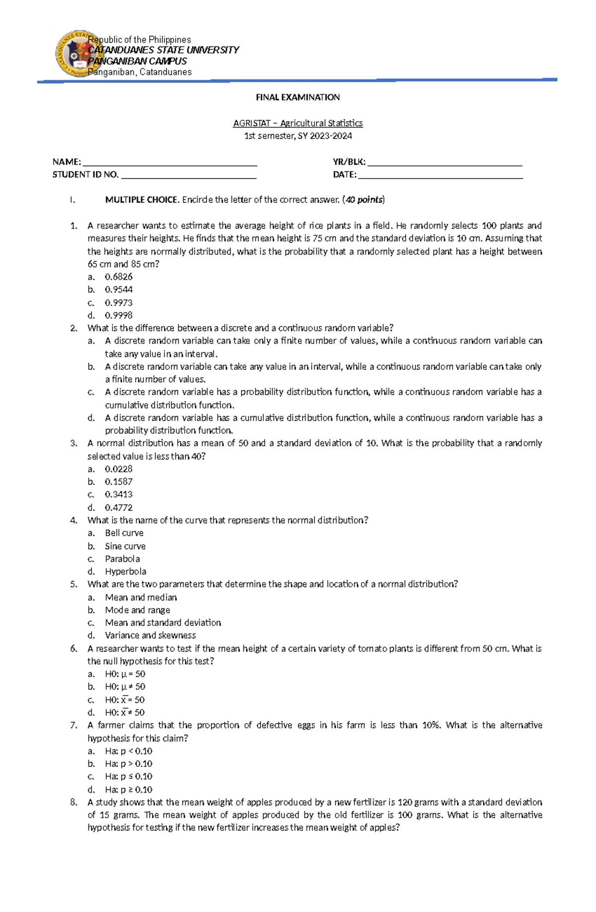 FINAL EXAM AGRISTAT - Agricultural Statistics (1st Sem SY 2023) - Studocu