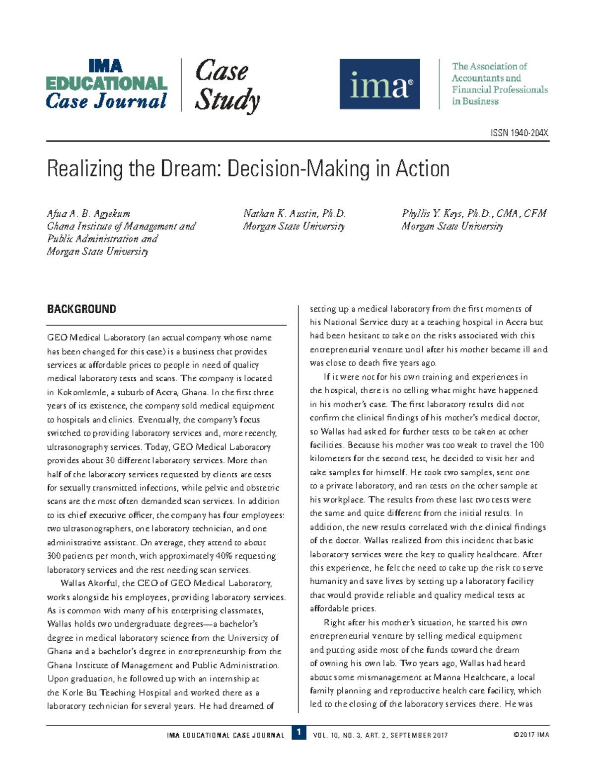 Realizing the Dream: GEO Medical Lab Case Study (IM 101) - Studocu