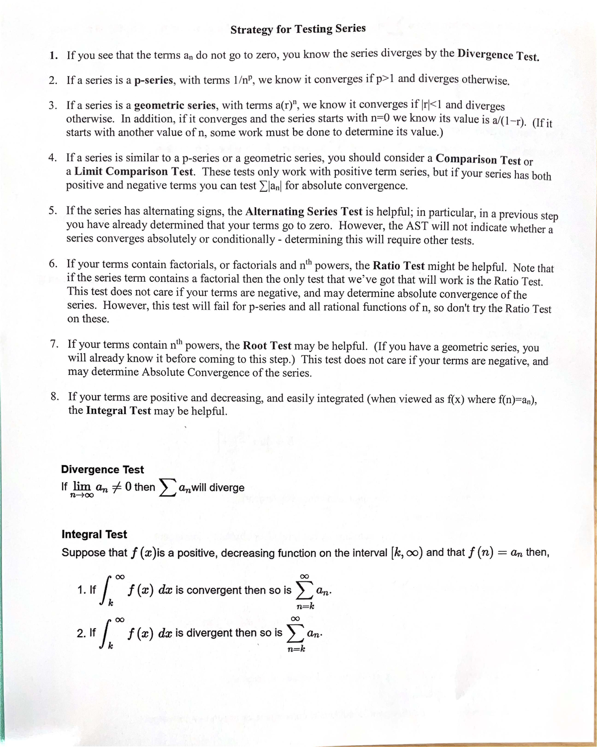 Strategy for Testing Series Convergence and Divergence Techniques - Studocu