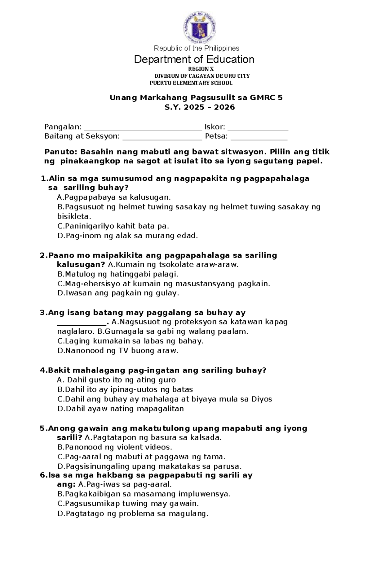 GMRC 5 Unang Markahang Pagsusulit - Practice Test - Studocu