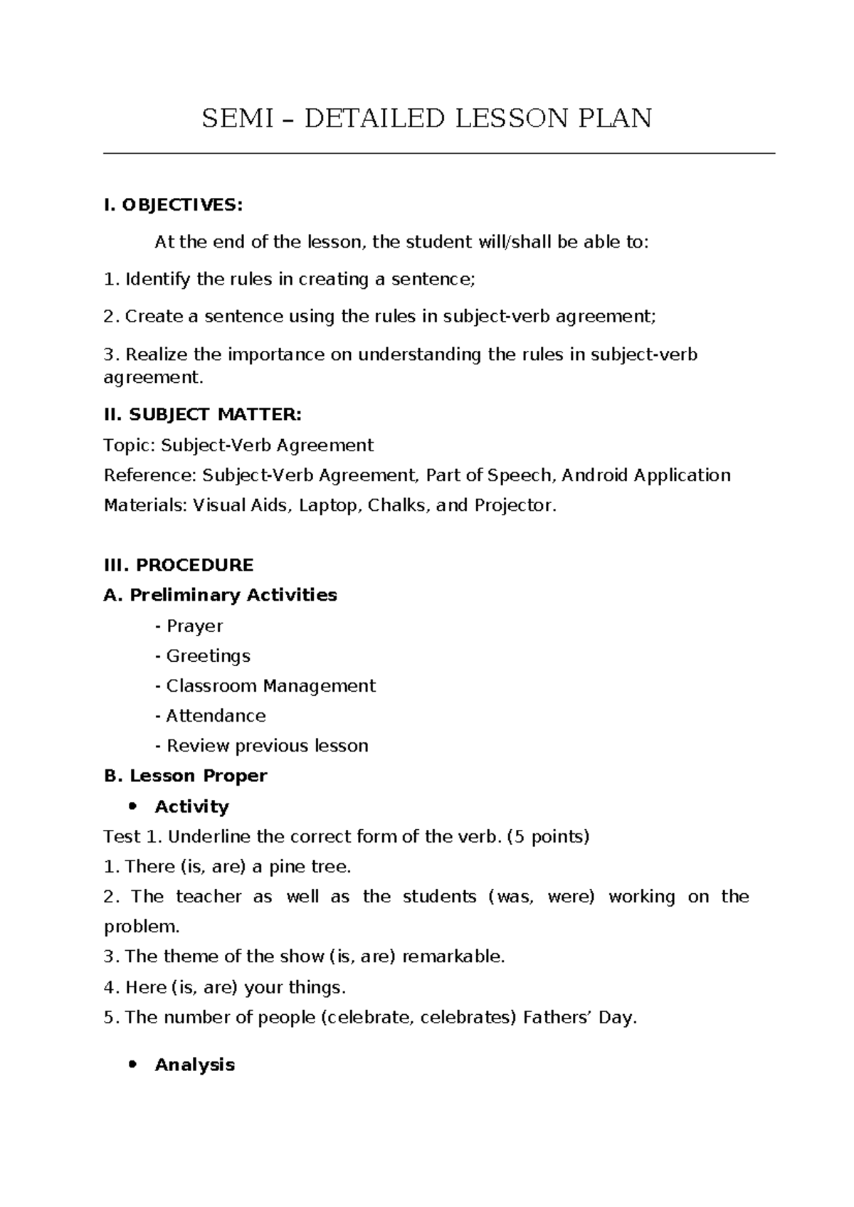 SEMI-Detailed Lesson Plan on Subject-Verb Agreement (ENGLISH 101) - Studocu