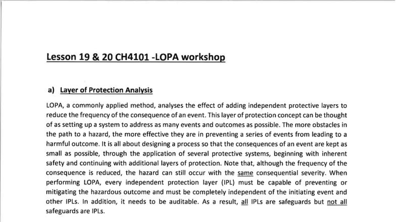 Lesson 19-20 CH4101: Layer of Protection Analysis (LOPA) Overview - Studocu