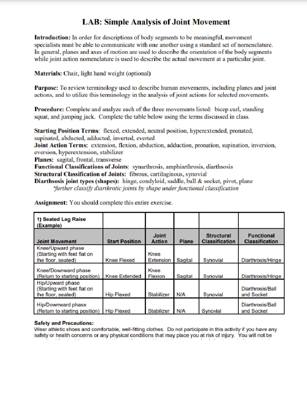 Joint+Lab+Analysis - Identify the joints - nurs241 - Studocu