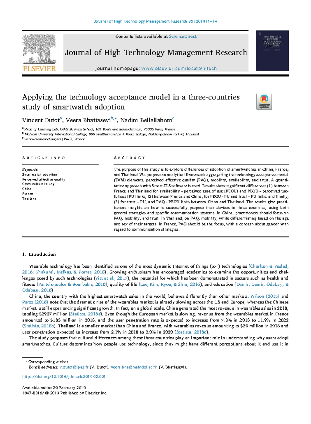 Applying the Technology Acceptance Model in Smartwatch Adoption: A ...