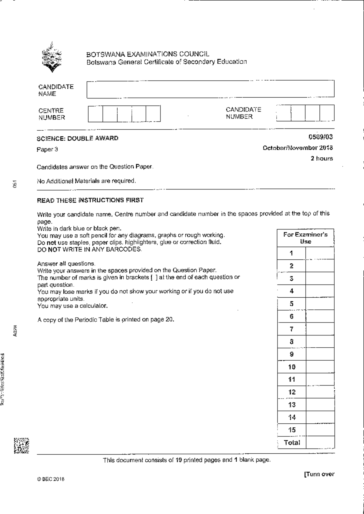 BEC 2018 Science Double Award Paper 3 Exam Guide - Studocu