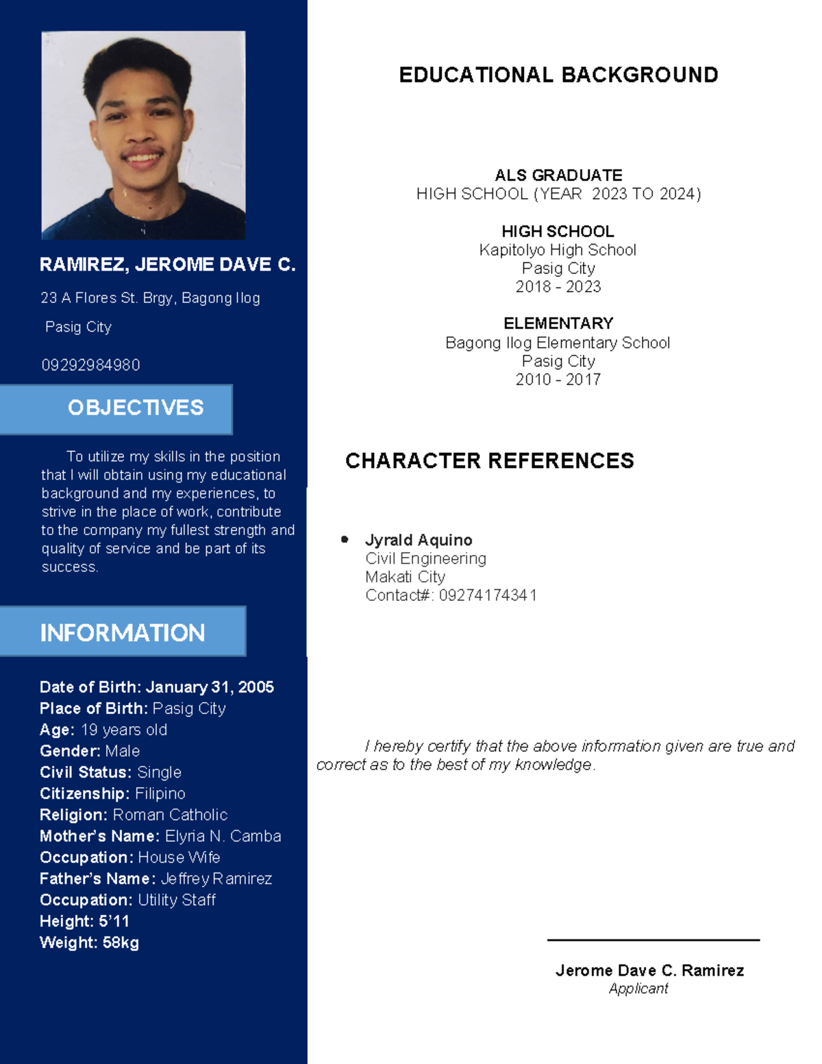 Jerome Dave-Resume - resume - PERSONAL DATA RAMIREZ, JEROME DAVE C. 23 ...