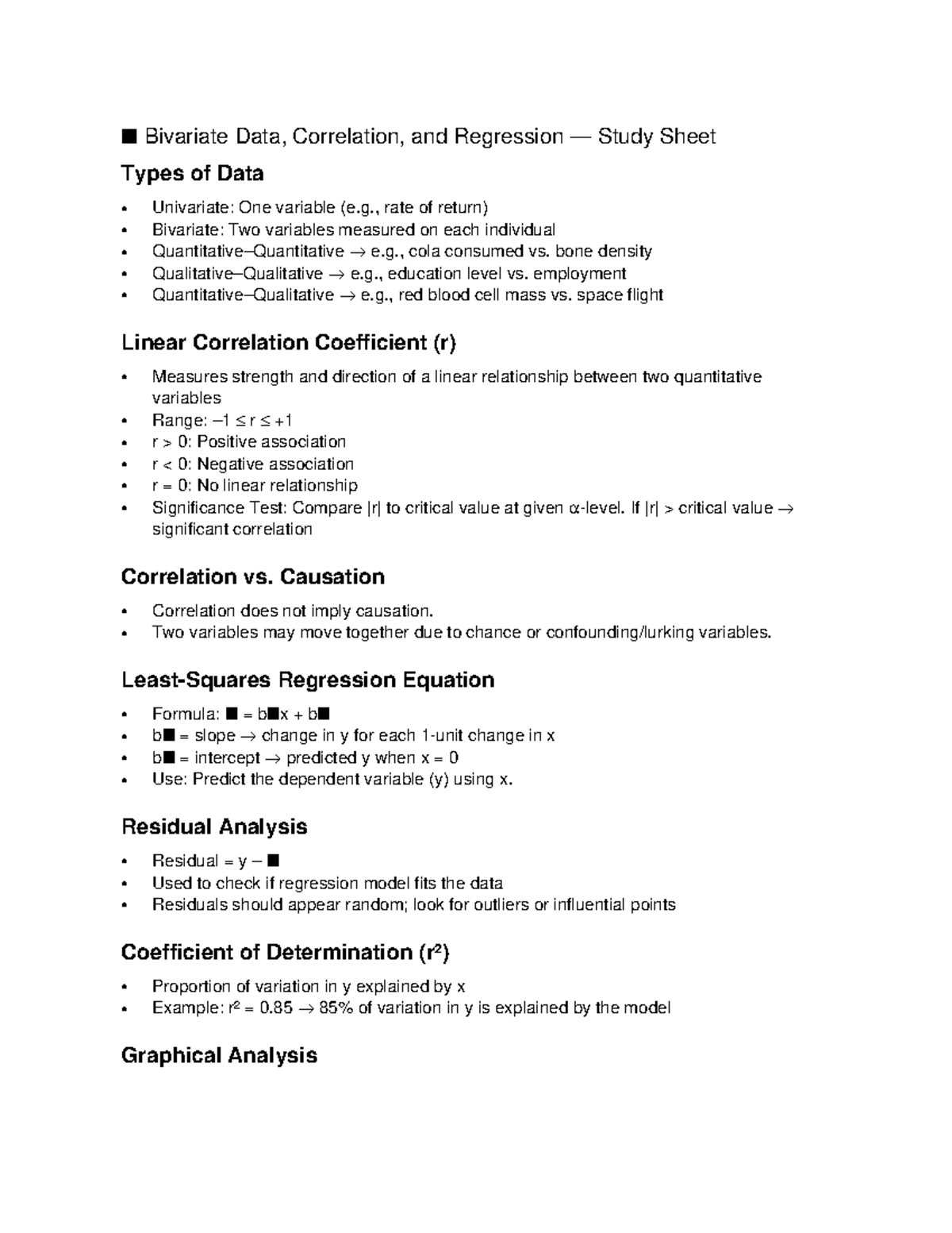 Bivariate Data & Regression Study Sheet (STAT 101) - Studocu