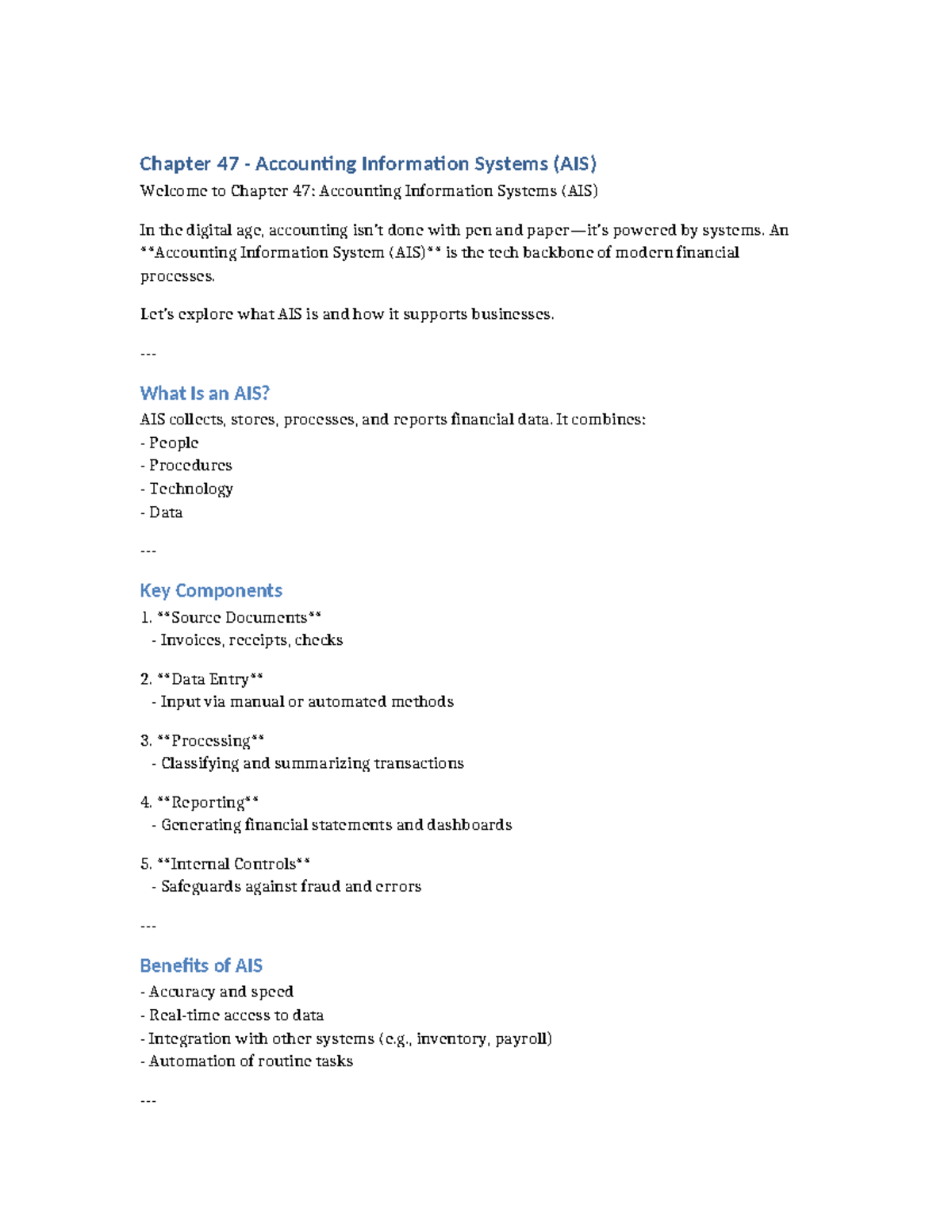 Chapter 47 - Understanding Accounting Information Systems (AIS) - Studocu