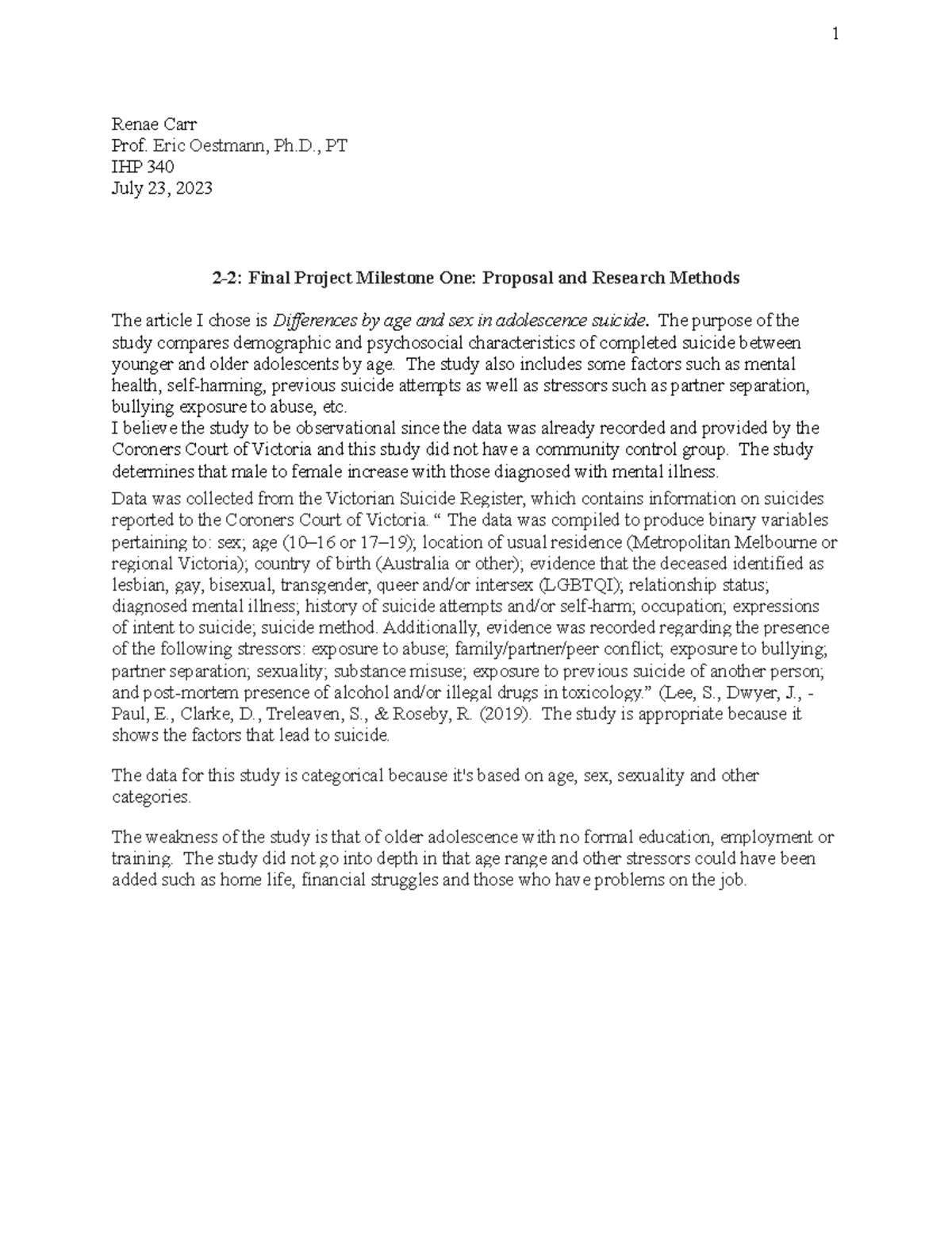 IHP 340: Final Project Milestone 1 - Proposal & Research Methods - Studocu