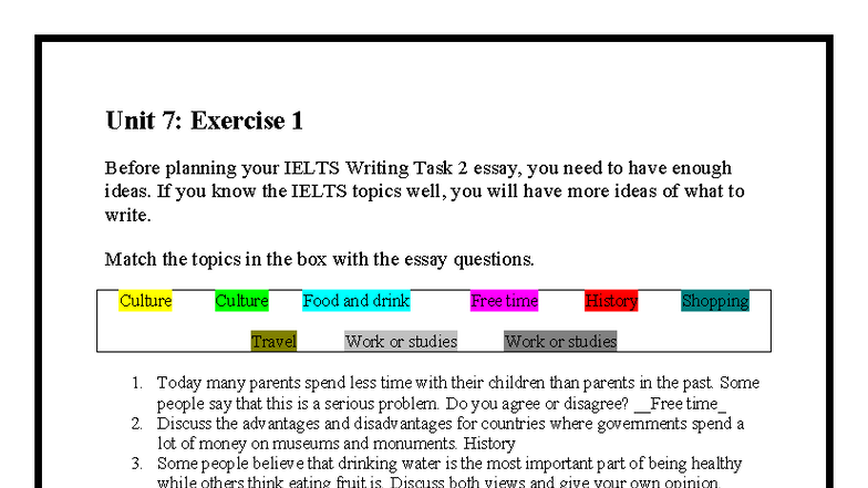 Unit 7: IELTS Writing Task 2 Practice - Essay Ideas & Exercises - Studocu