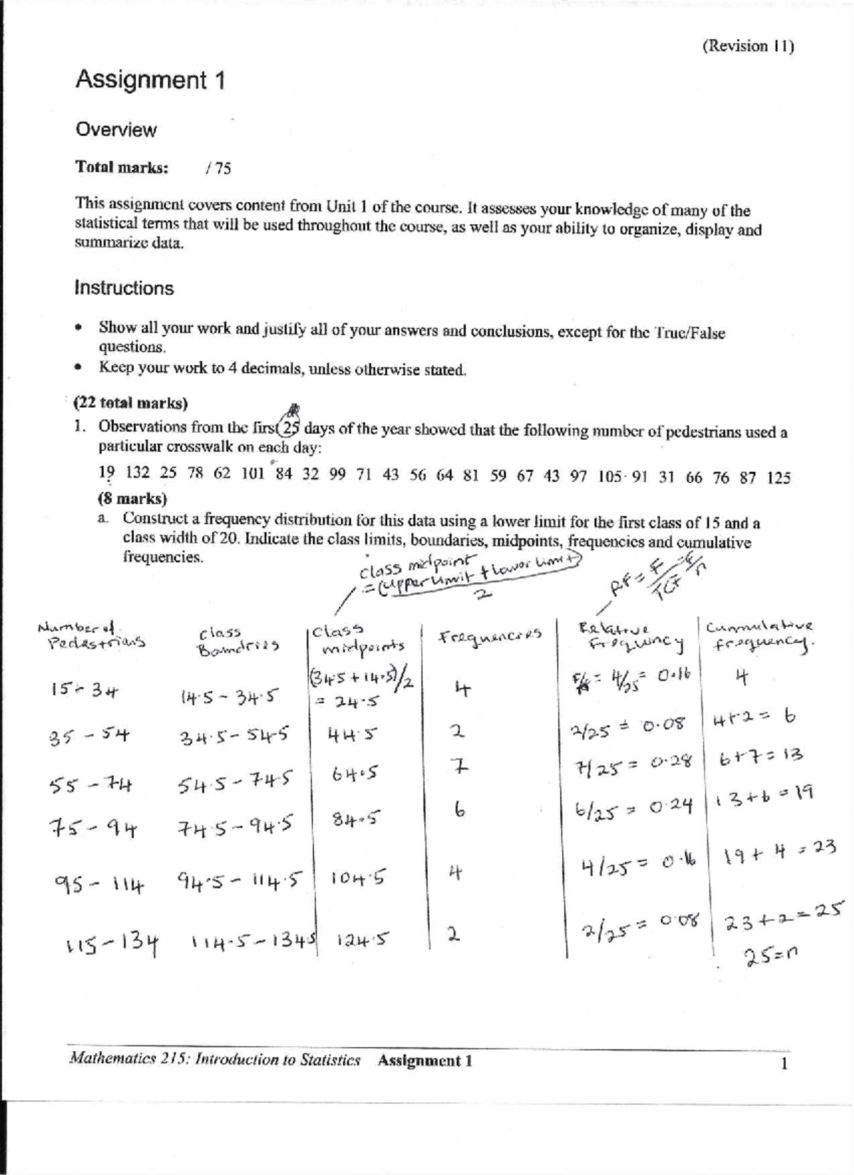 MATH215: Assignment 1 Overview and Statistical Analysis - Studocu