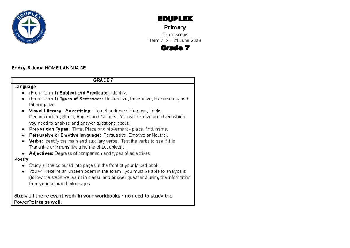 EDUPLEX Grade 7 Term 2 Exam Scope 2026: Home Language, History, Tech ...