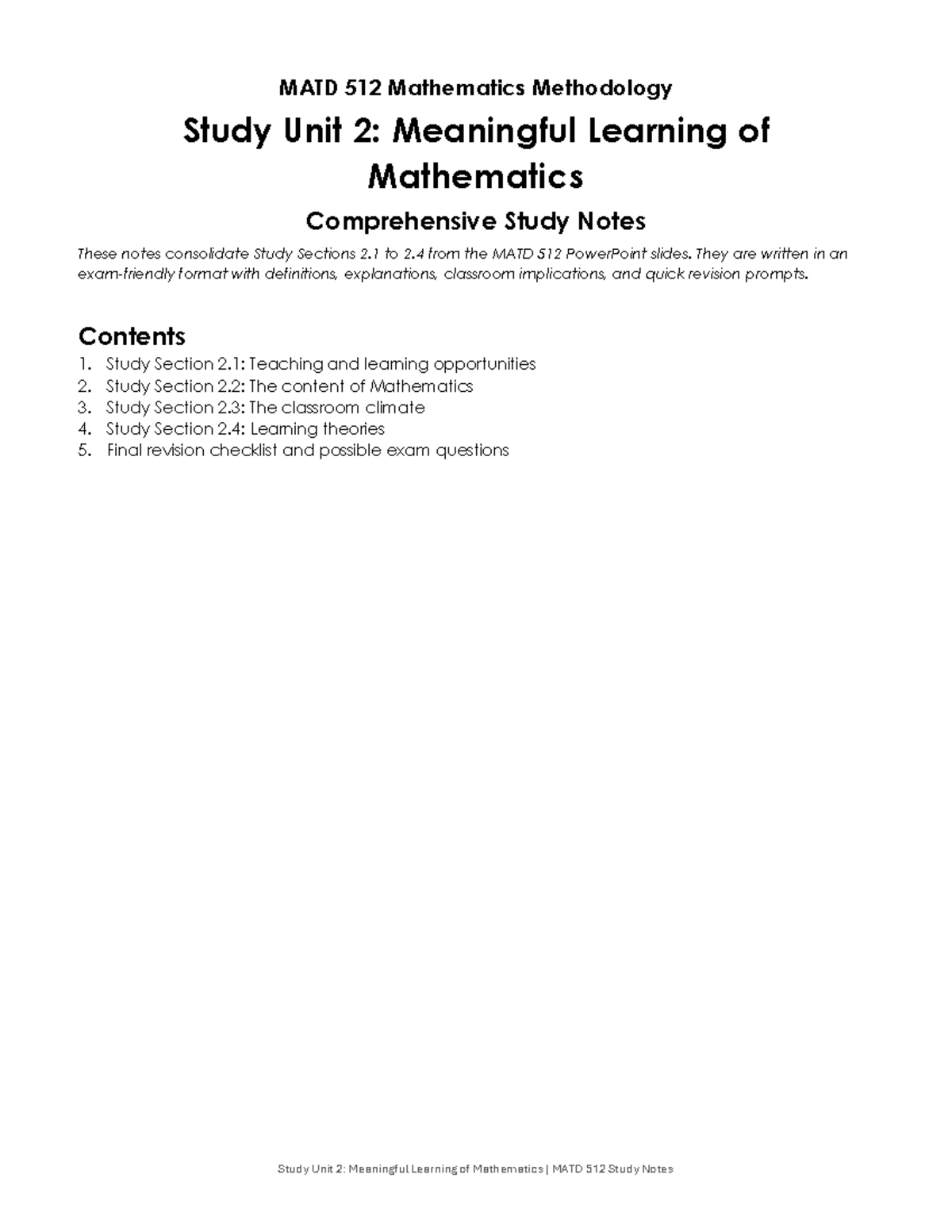 MATD 512 Study Unit 2: Meaningful Learning in Mathematics Notes - Studocu