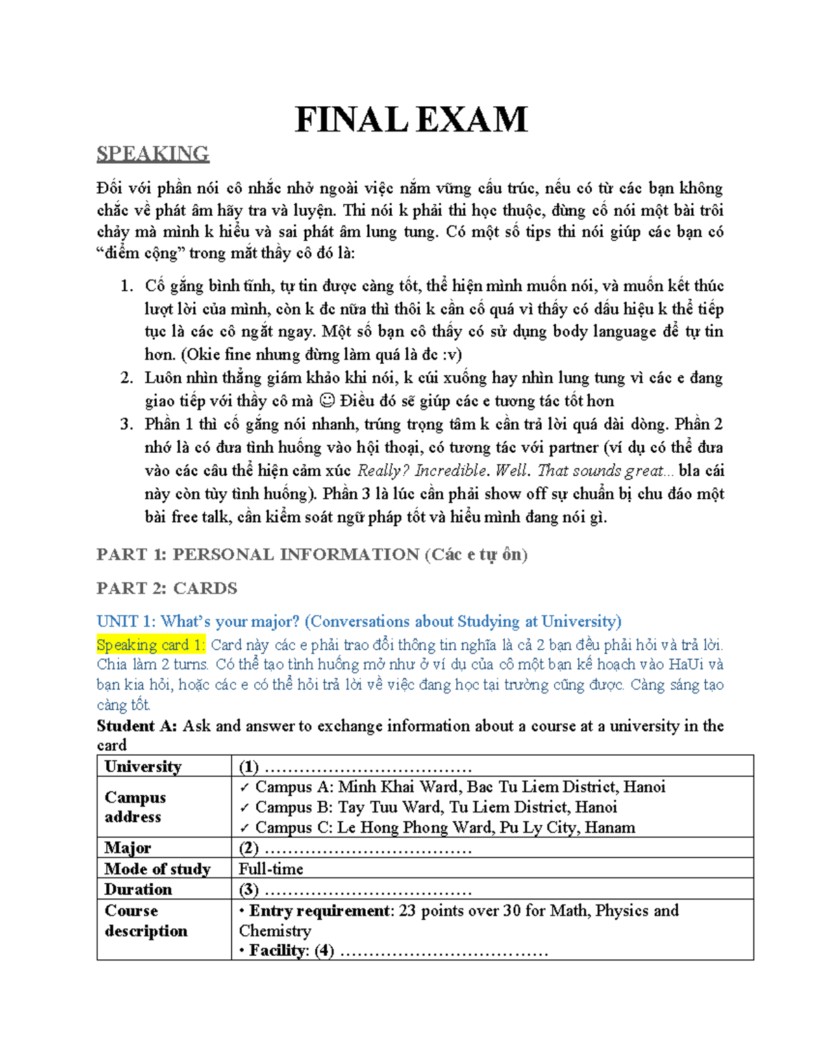 SPEAKING FINAL EXAM PREPARATION - TA4 - Studocu